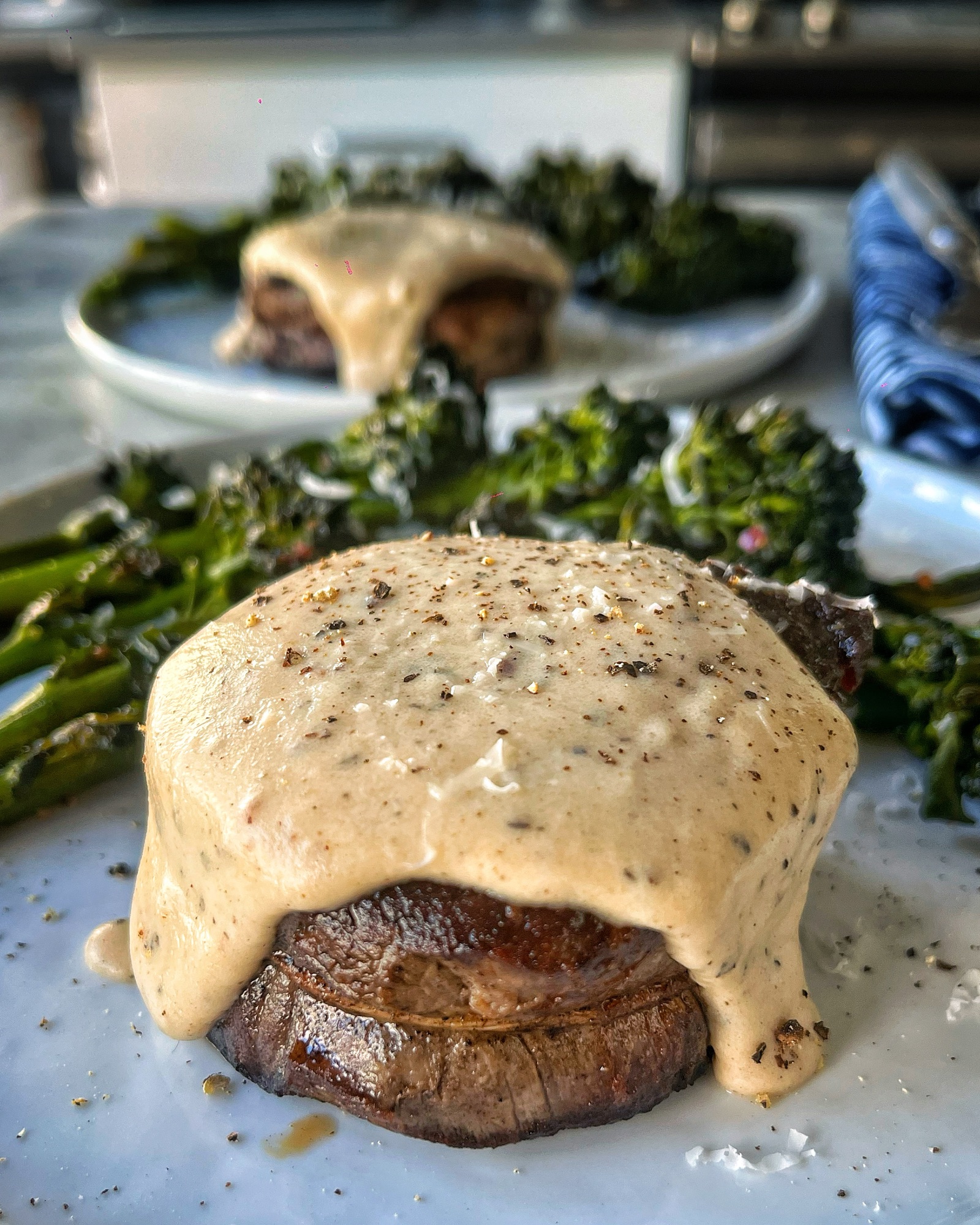 Filet Mignon with Cacio e Pepe Mornay Sauce and Charred Broccolini ...
